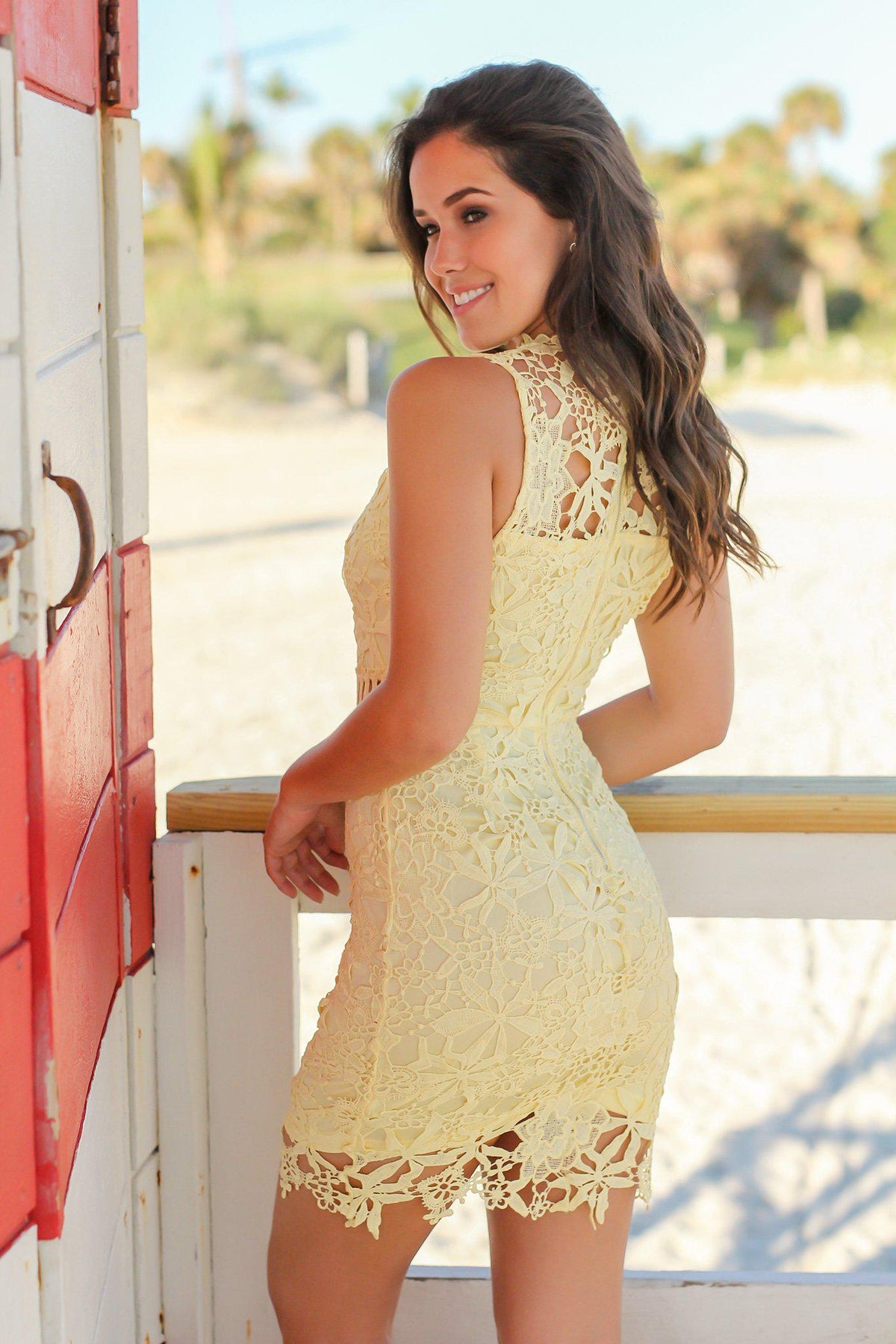 Yellow High Neck Crochet Short Dress | Short Dresses – Saved by the Dress