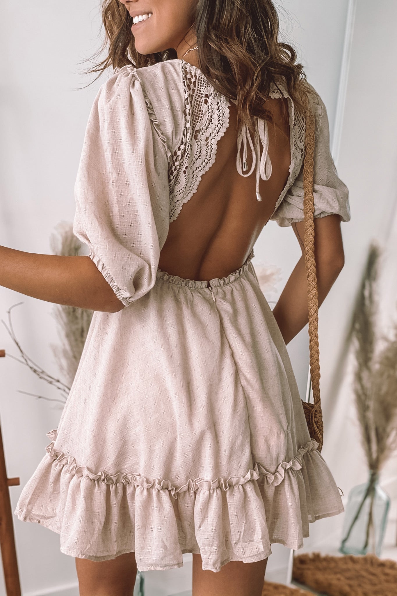 Beige Short Dress with Open Back | Short Dresses – Saved by the Dress