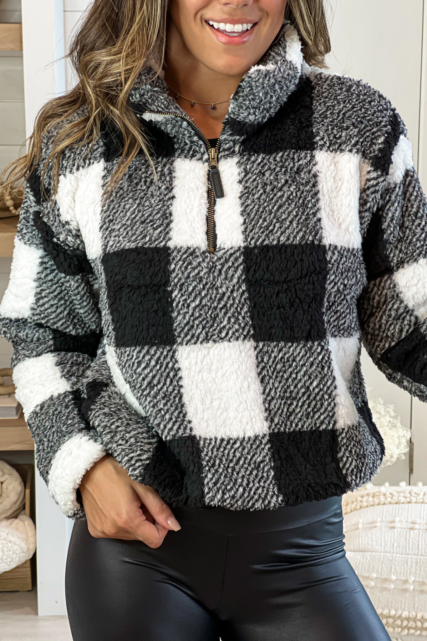 Black Plaid Sherpa Pullover | Hooded Jacket – Saved by the Dress