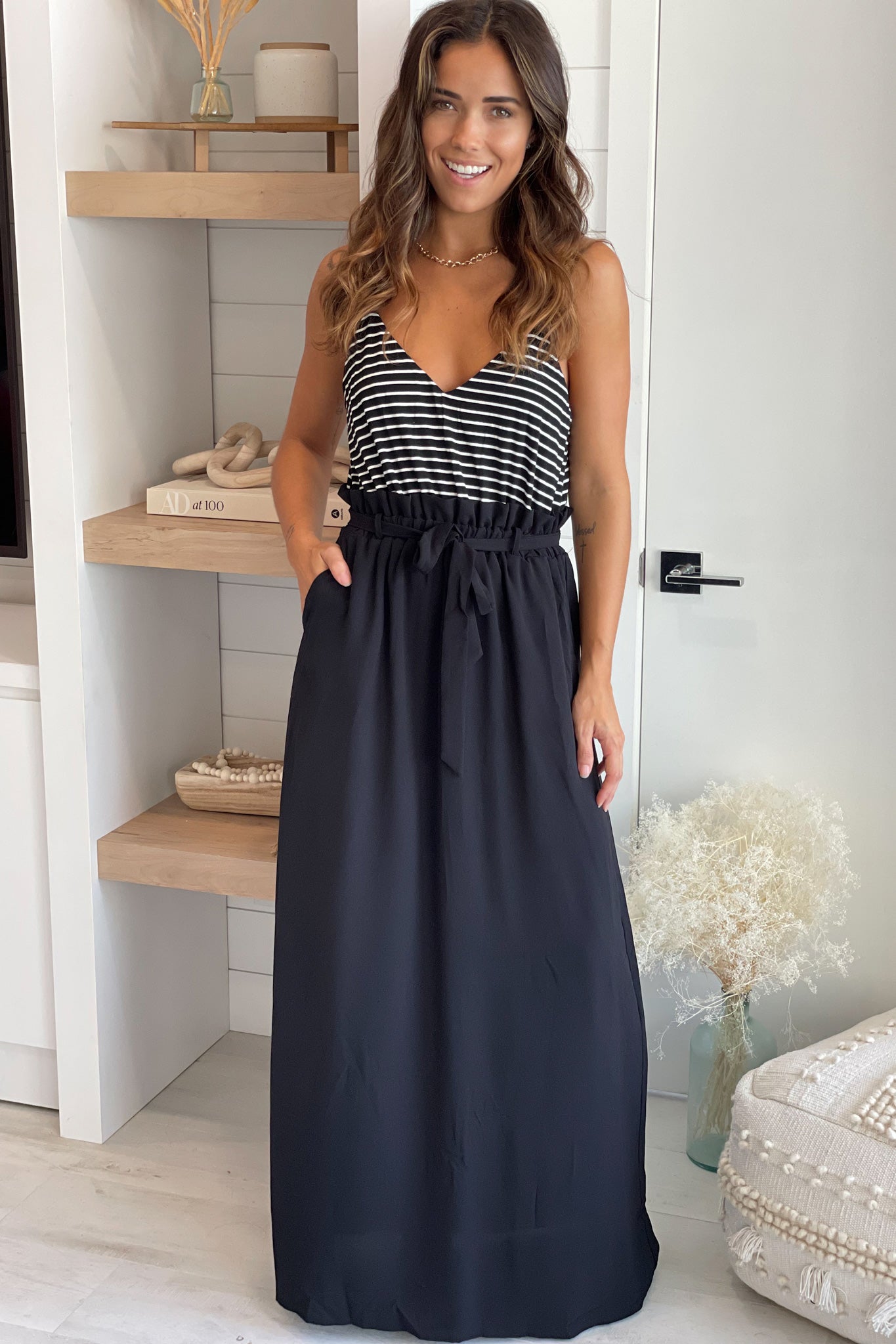 Black Striped Maxi Dress with Paper Bag Waistline | Maxi Dresses ...