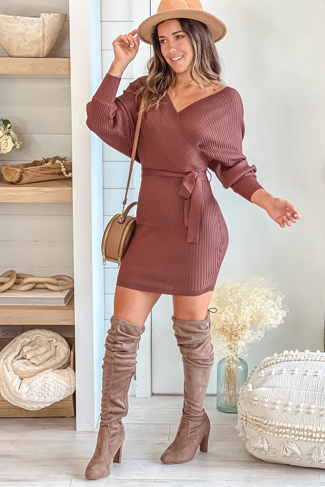 Brown Ribbed Short Dress with Long Sleeves | Short Dresses – Saved by ...
