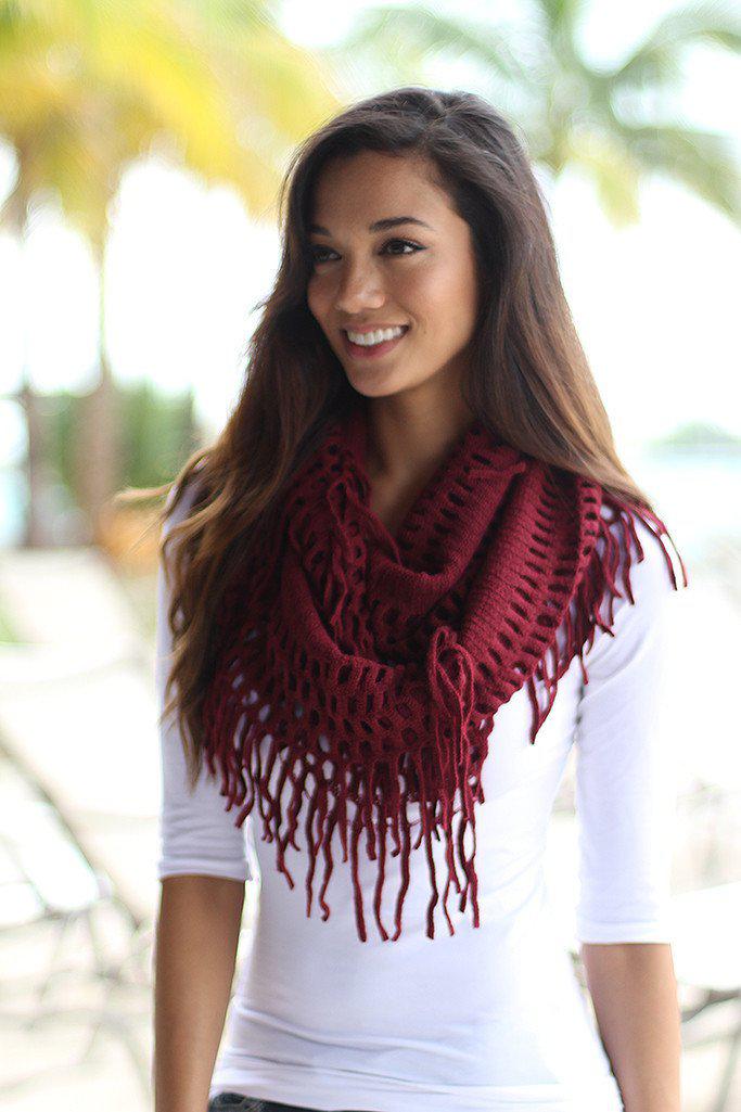 Burgundy Infinity Fringe Scarf | Infinity scarf – Saved by the Dress