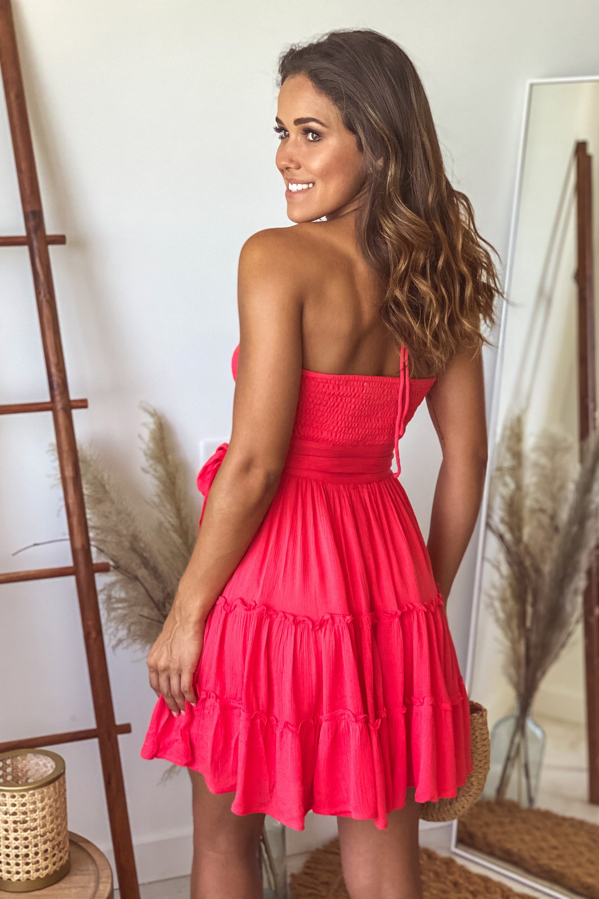 Coral Strapless Short Dress With Smocked Top | Short Dresses – Saved by ...