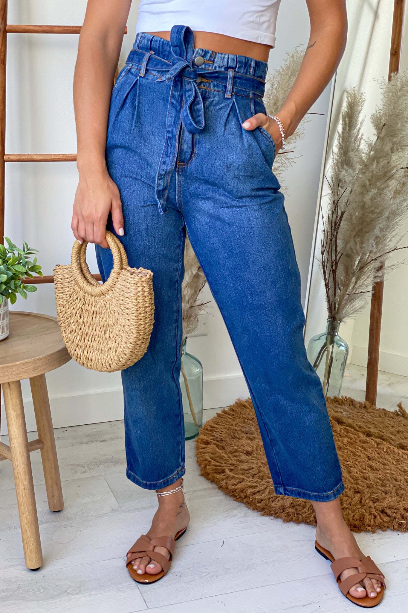 Dark Denim Paperbag Pants | Online Boutiques – Saved by the Dress