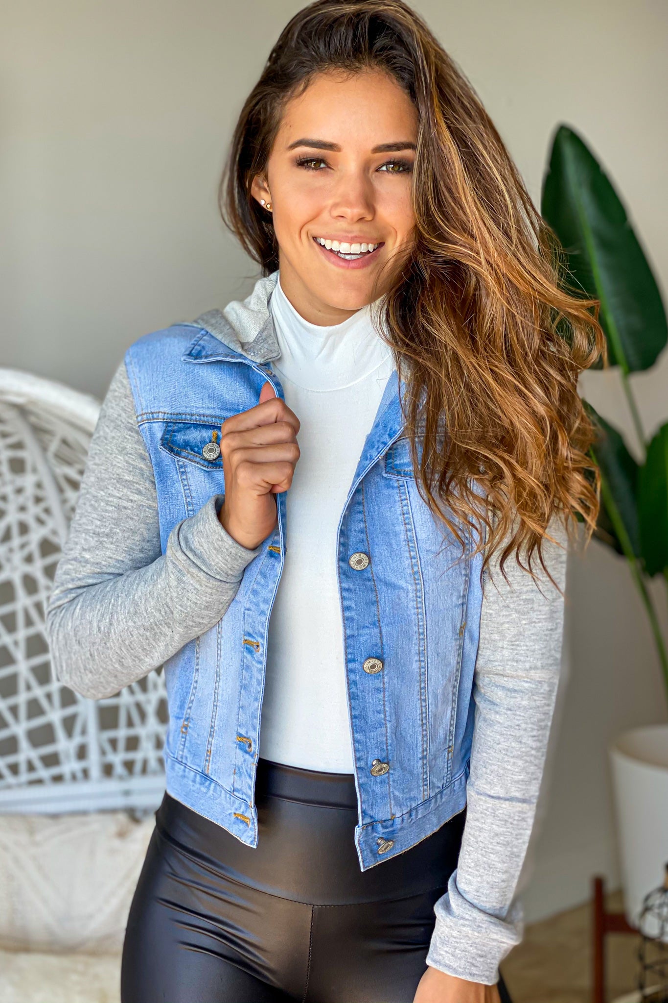 Light Blue Jean Jacket with Gray Hood | Online Boutiques – Saved by the ...