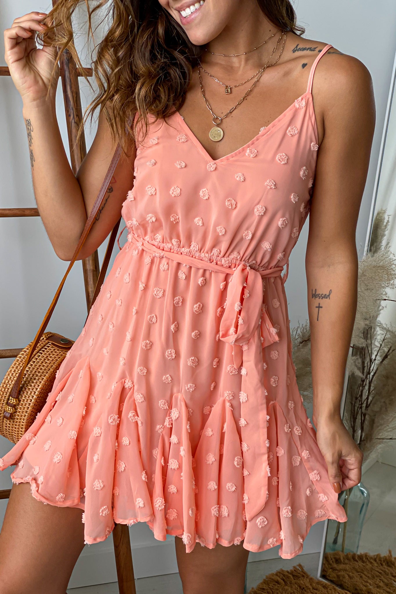 Light Coral Swiss Dot Short Dress | Short Dresses – Saved by the Dress