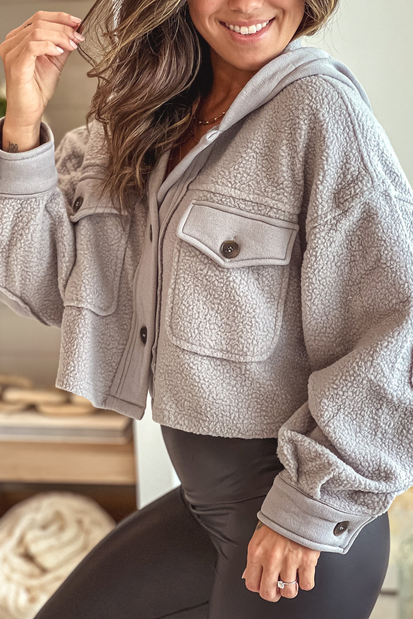 Light Gray Button Up Fleece Hoodie | Sweaters – Saved by the Dress