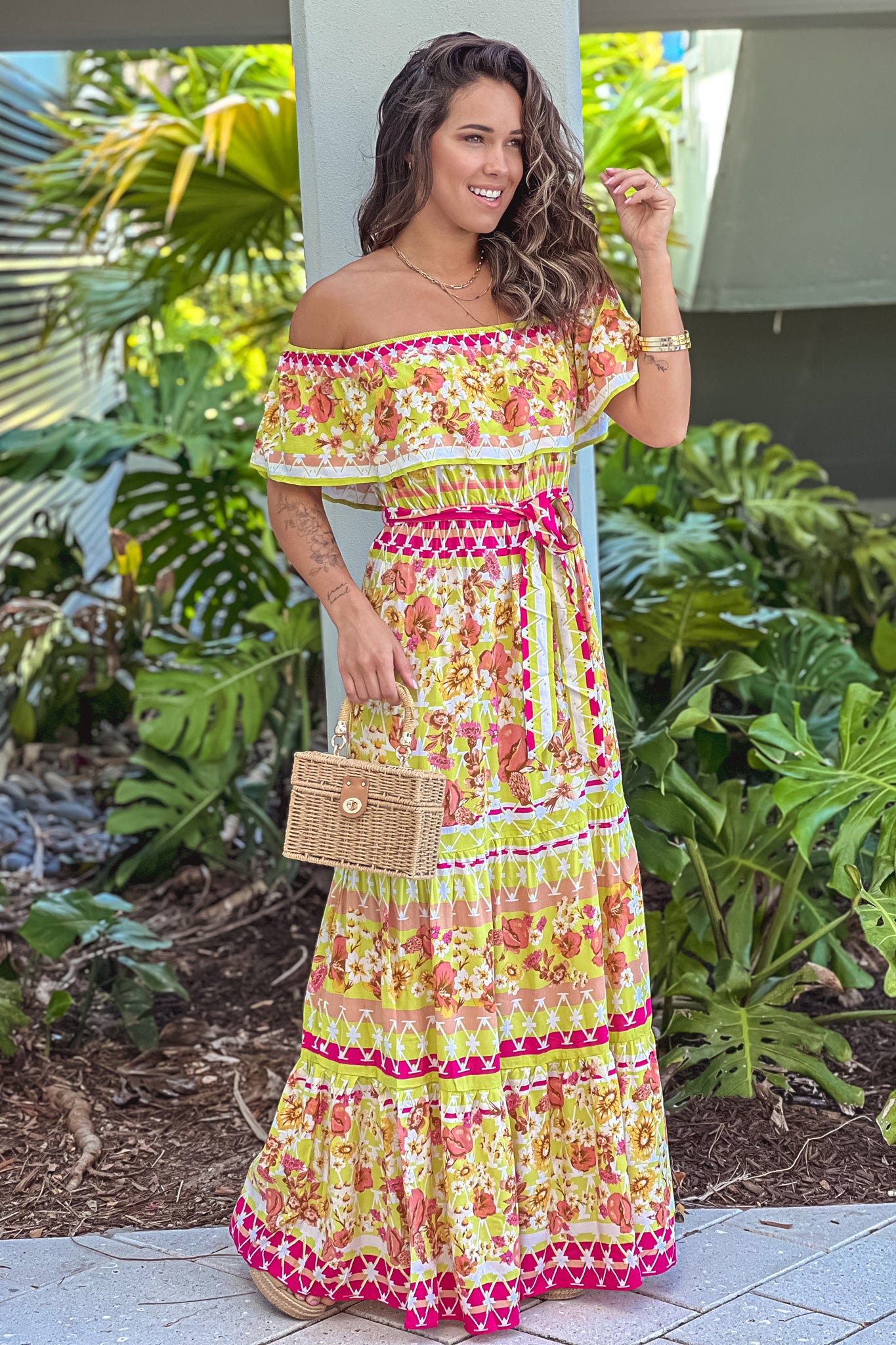 Lime Printed Off Shoulder Maxi Dress | Saved By The Dress – Saved by ...