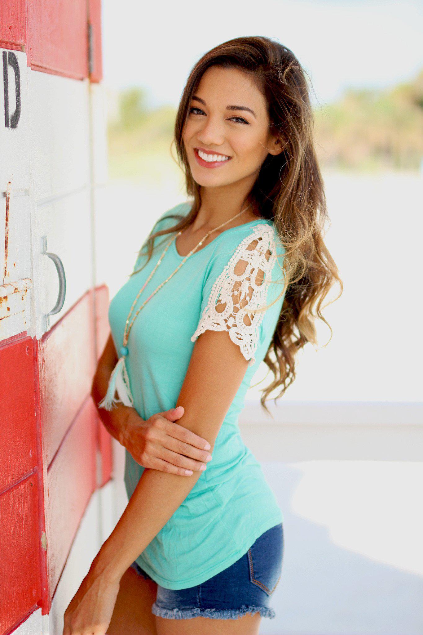 Mint Top with Crochet Short Sleeve | Cute Top – Saved by the Dress