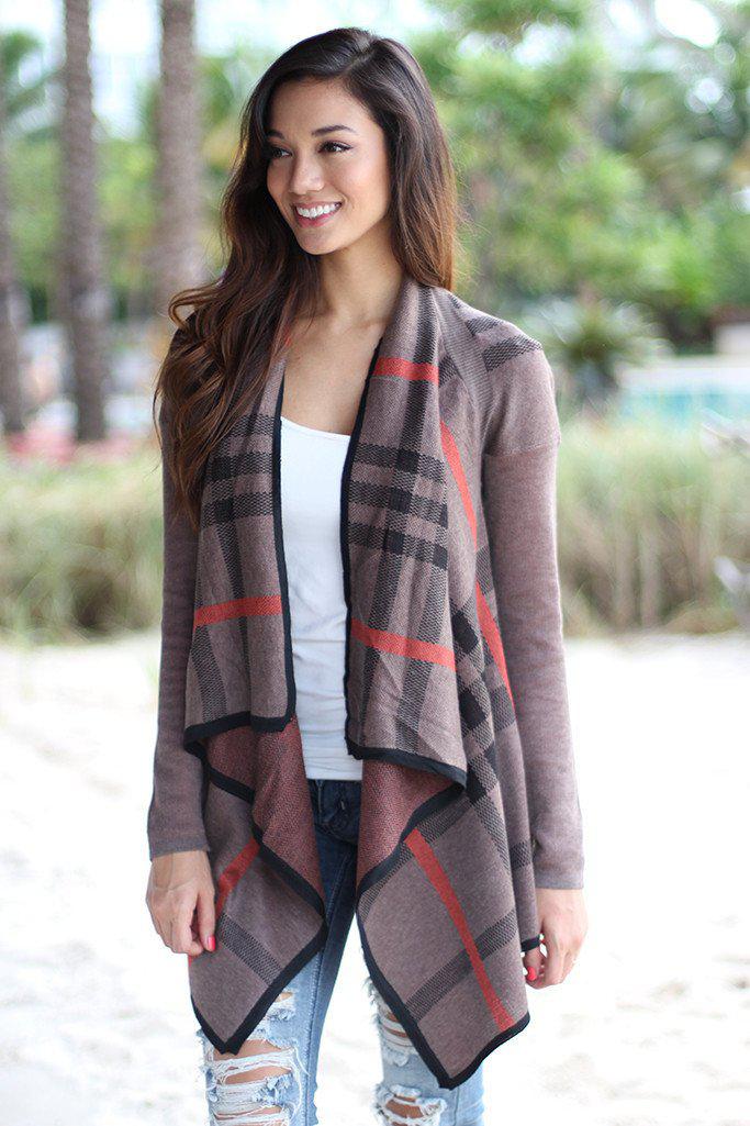 Mocha Plaid Cardigan | Open Cardigan | Long Cardigan – Saved by the Dress
