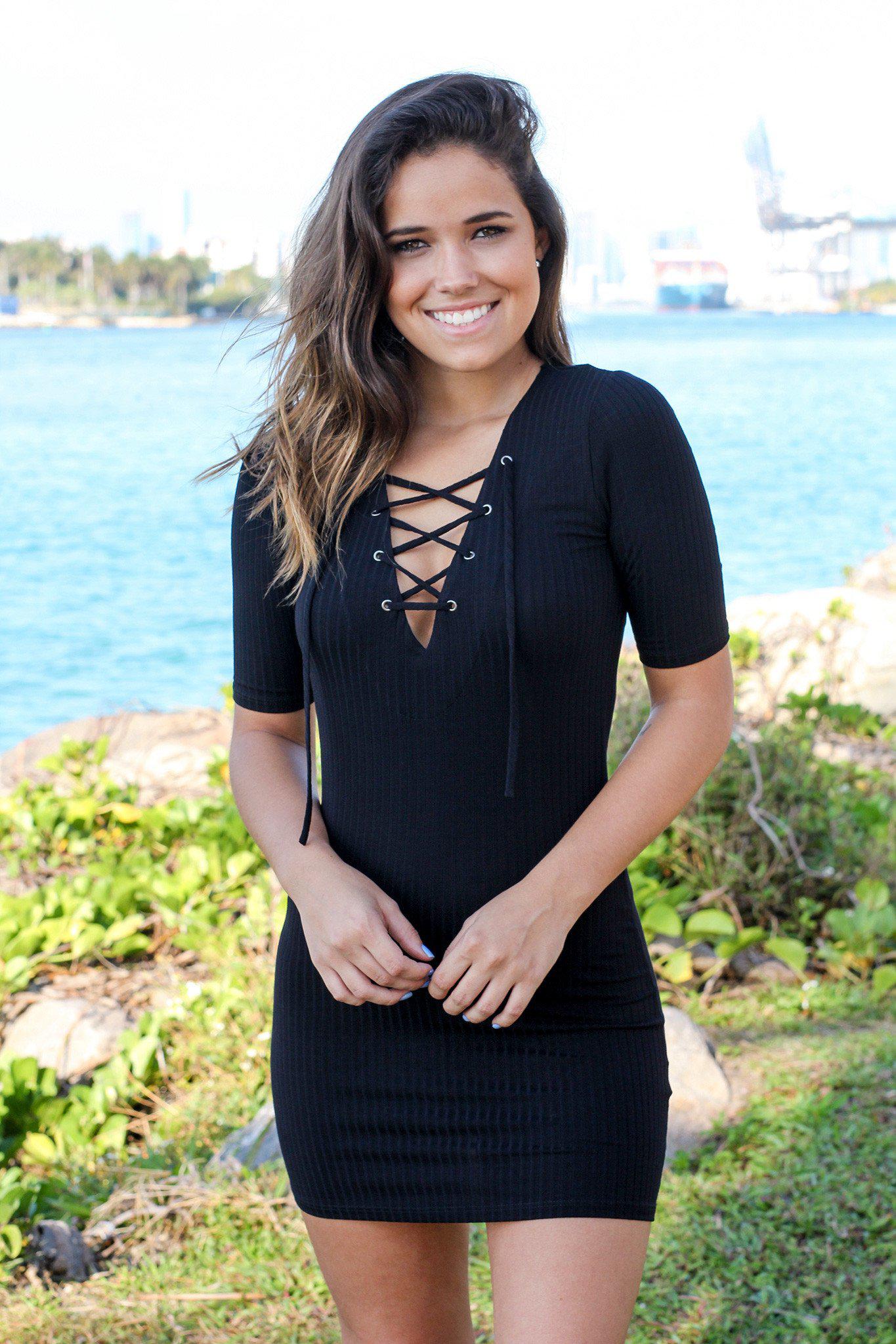 Black Ribbed Lace Up Short Dress | Short Dresses – Saved by the Dress