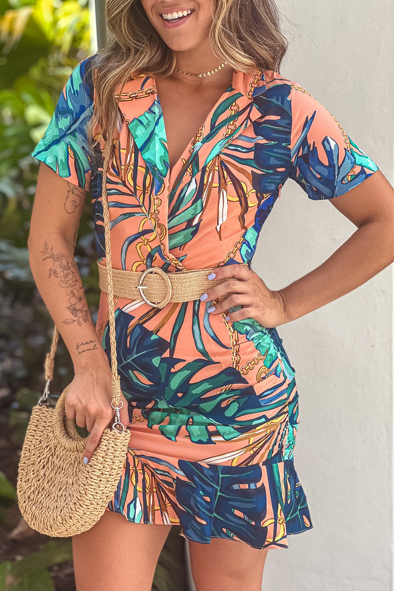 Salmon Printed Short Dress With Belt | Short Dresses – Saved by the Dress