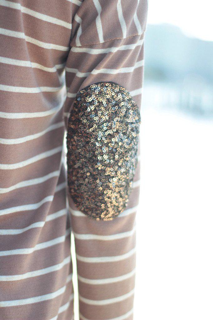 Taupe Striped Top With Sequin Elbow Patches | Taupe Top – Saved by the ...